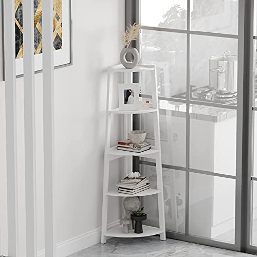 VIVIJASON 5 Tier Corner Shelf – Modern Wall Corner Storage Rack Plant Stand Small Bookshelf - Freestanding Ladder Shelf Display Organizer for Living Room, Kitchen, Home Office, Small Space (White)