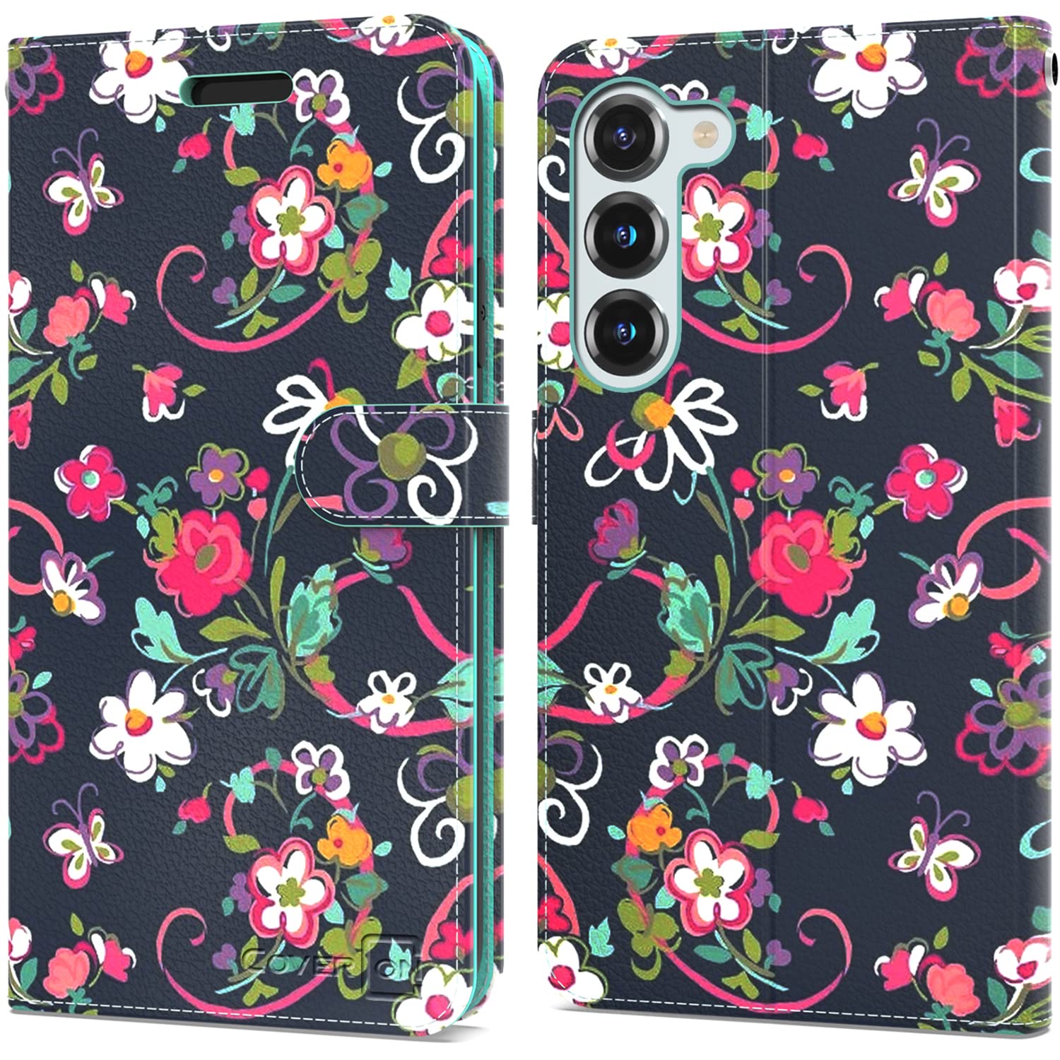 CoverON Pouch Compitable with Samsung Galaxy S23 Wallet Case for Women, RFID Blocking Flip Folio Stand Vegan Leather Floral Cover Sleeve Card Slot for Samsung Galaxy S23 Phone Case - Flower