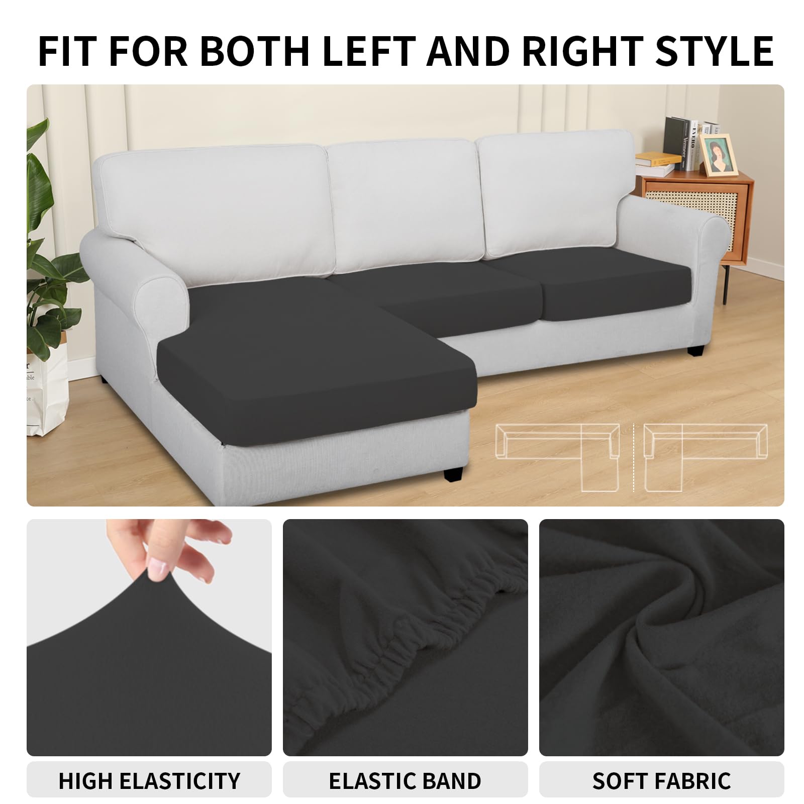 Easy-Going 100% Waterproof 3 Pieces Couch Cushion Covers for Sectional Sofa Left/Right L Shape Chaise Lounge Sofa Seat slipcover Anti-Slip Sofa Cover (2 Seater + 1 Chaise, Dark Gray