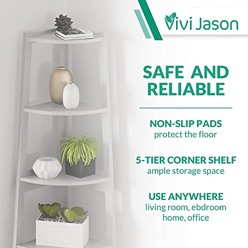 VIVIJASON 5 Tier Corner Shelf – Modern Wall Corner Storage Rack Plant Stand Small Bookshelf - Freestanding Ladder Shelf Display Organizer for Living Room, Kitchen, Home Office, Small Space (White)