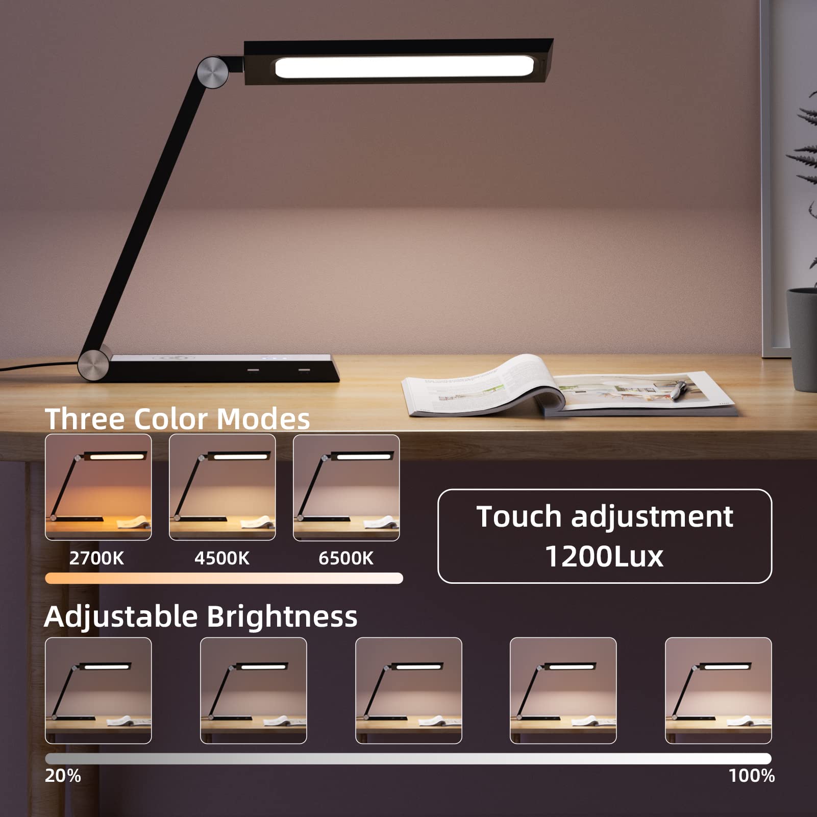 LED Desk Lamp Eye-Caring with Fast Wireless Charger, Table Lamp 96LED Lamp Beads 5 Modes Touch Control, CRI/RA≥95 Office Home Table Light Smart Adjustable, Foldable Night Light Type-C Port for Reading