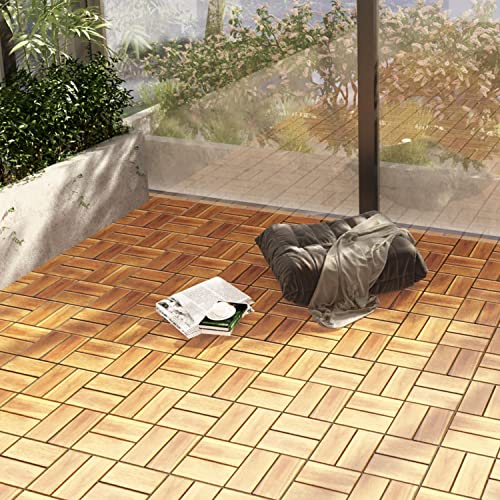Wood Interlocking Flooring Tiles (Pack of 10, 12" x 12"), Solid Wood Acacia Deck Tiles Interlocking, Patio Tiles Outdoor Interlocking Waterproof All Weather (8 slat, Natural Color)