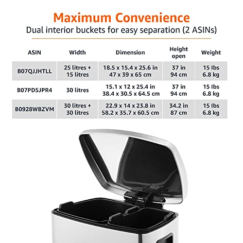 Amazon Basics Rectangular Recycling Trash Can with 2 Compartments - 60 Liter