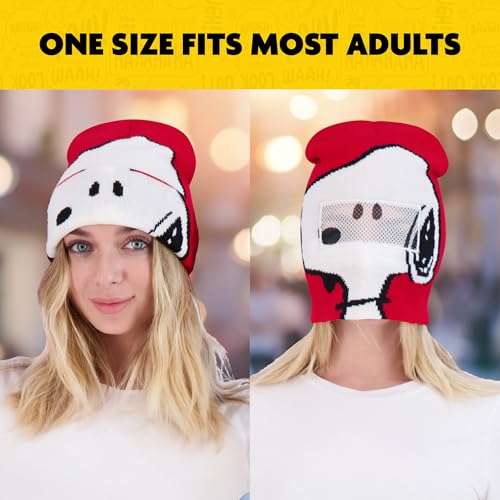 Peanuts Snoopy Beanie Hat, Knit Roll Down Cuffed Winter Cap, Red, One Size