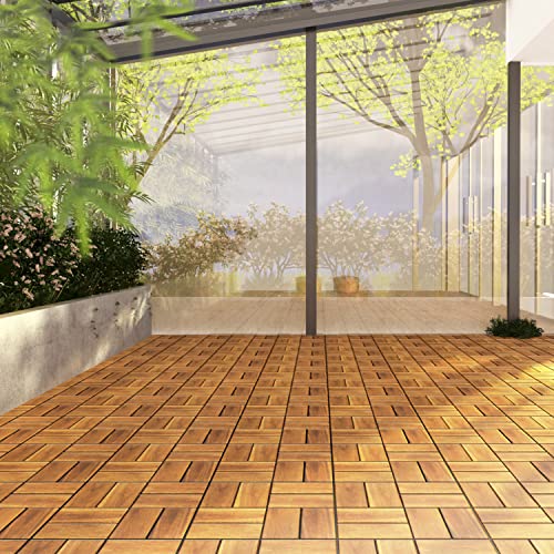 Wood Interlocking Flooring Tiles (Pack of 10, 12" x 12"), Solid Wood Acacia Deck Tiles Interlocking, Patio Tiles Outdoor Interlocking Waterproof All Weather (8 slat, Natural Color)