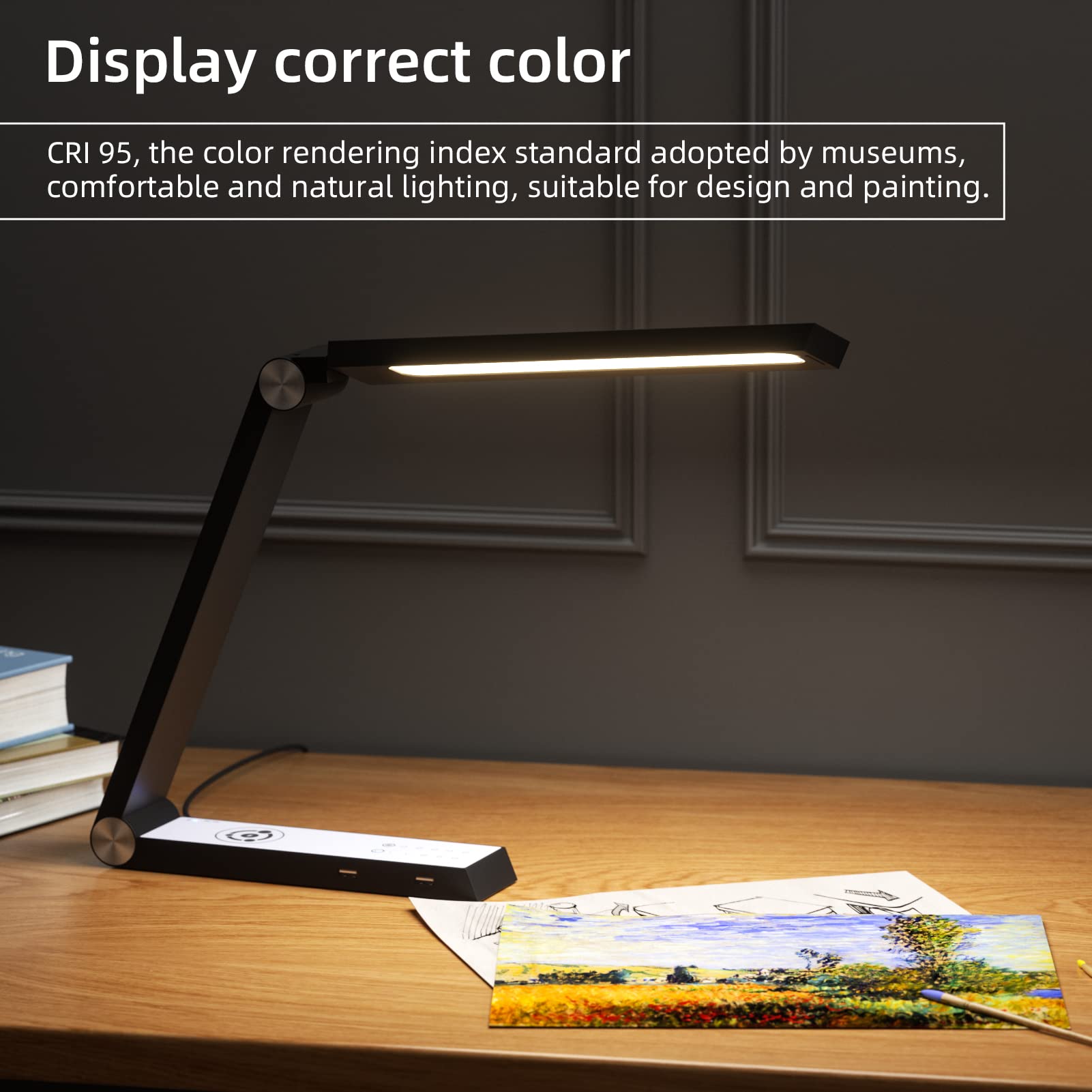 LED Desk Lamp Eye-Caring with Fast Wireless Charger, Table Lamp 96LED Lamp Beads 5 Modes Touch Control, CRI/RA≥95 Office Home Table Light Smart Adjustable, Foldable Night Light Type-C Port for Reading