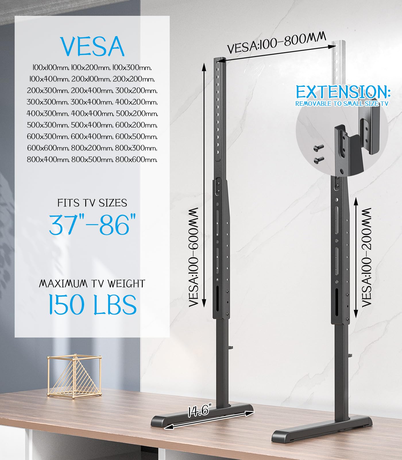 Universal TV Stand, Table Top TV Stand Base Replacement for Most 37 to 86 Inch LCD LED TVs, 7 Height Adjustable TV Legs with Cable Management Hold up to 150lbs, Max VESA 800x600mm, Black AX10TB01