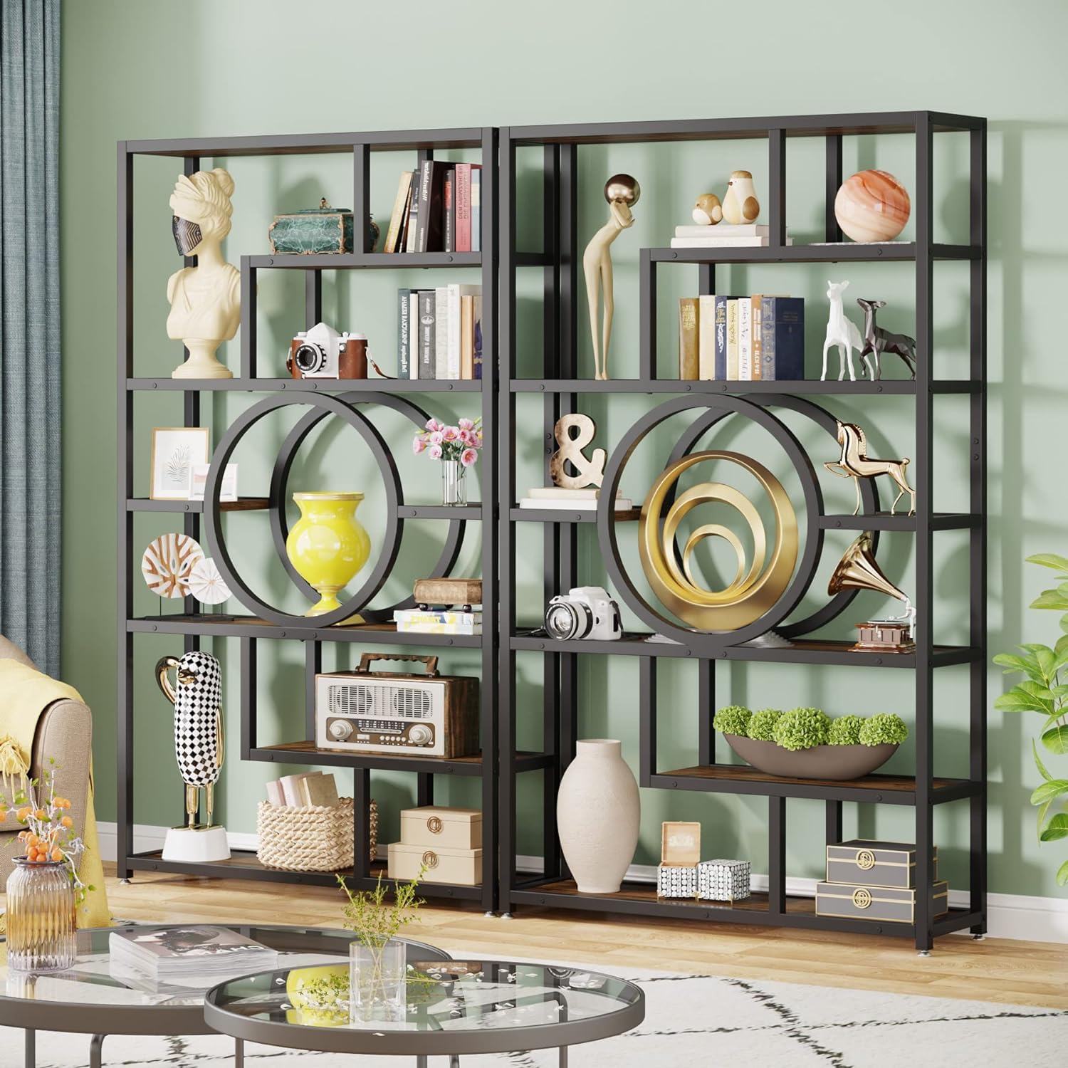 Tribesigns 2PCS 72 Inch Bookshelf Geometric Bookcase, 8-Tier Industrial Book Shelf with 11 Open Shelving Units, Etagere Bookshelves Display Stand Storage Shelves for Office, Living Room
