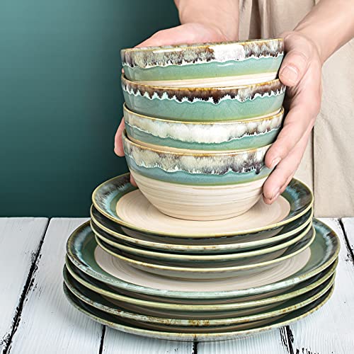 Bosmarlin Ceramic Soup Bowl Set of 4, 26 Oz, Stoneware Cereal Bowl for Oatmeal, Salad, Dishwasher and Microwave Safe, Reactive Glaze (Green, 6 in)