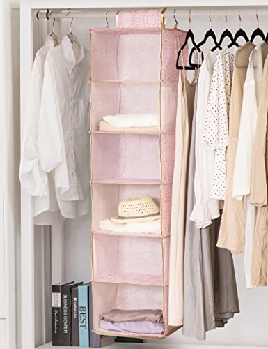 DAMAHOME Hanging Closet Organizer Storage - 6-Tier Collapsible Hanging Shelves with Sturdy Hooks, 4 Side Pockets, Foldable Sweater Organizer, For Closet/Kids/RV/ Camper/Dorm 12"W X 12"D X 48"H (Pink)
