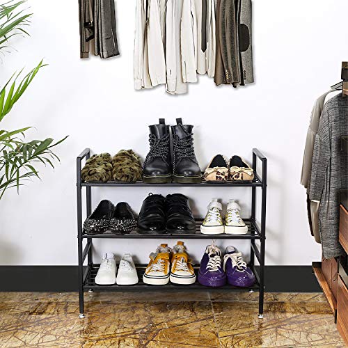 homtuzan Stackable Shoes Rack Storage Shelf- 3-tier or 6 tier Large Wire Grid Shoe Rack Organizer, Metal Space Saving Shoe Shelf, Expandable & Adjustable Shoe Shelf (Black, 3 tier)