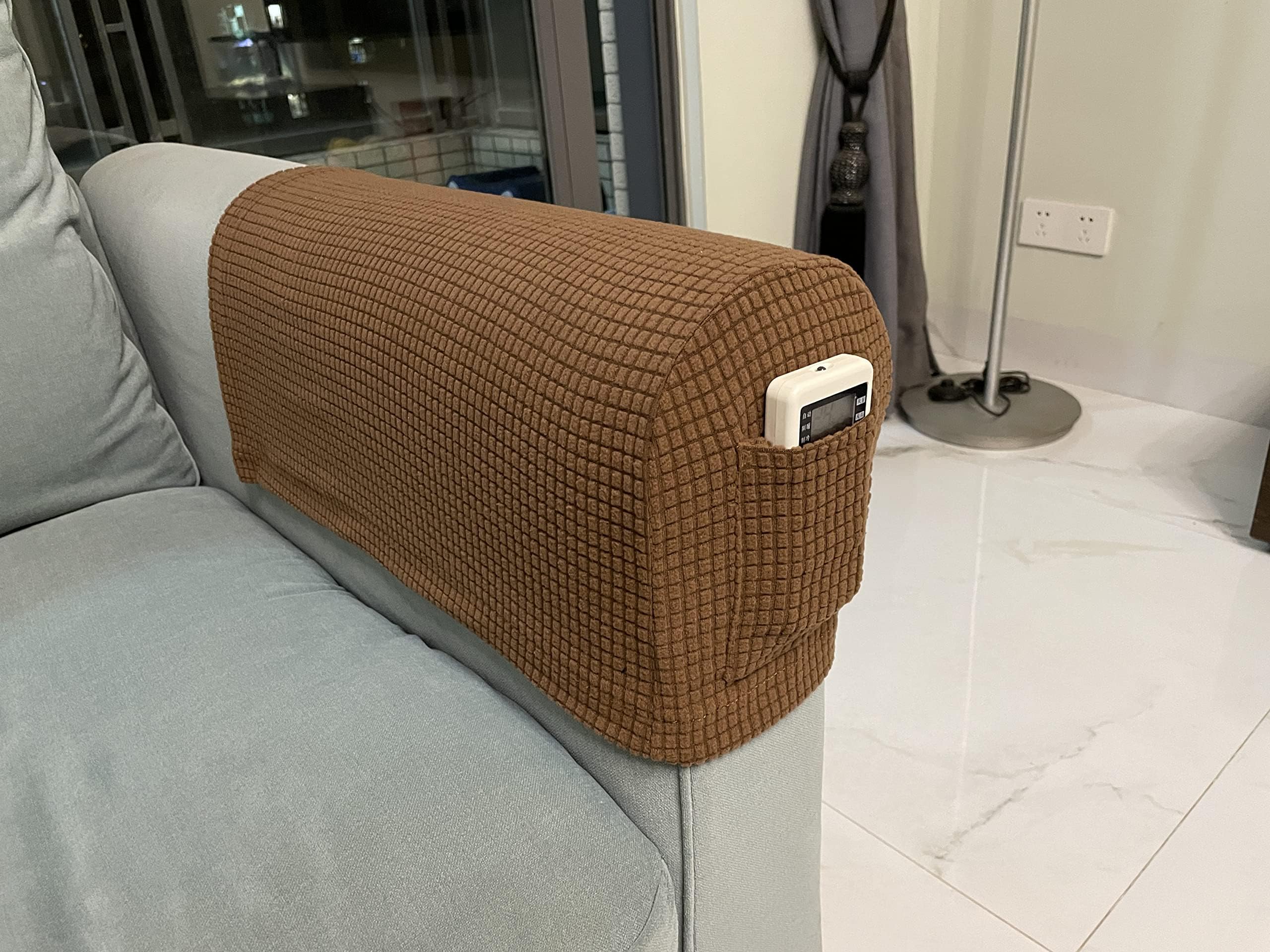 Garayma Sofa Armrest Covers Arm Slipcovers with a Pocket Elastic Sofa Armrest Protector Removable Couch Arm Covers for Sofa Anti-Slip Armrest Covers Christmas Furniture Deco Pack of 2 (Coffee)