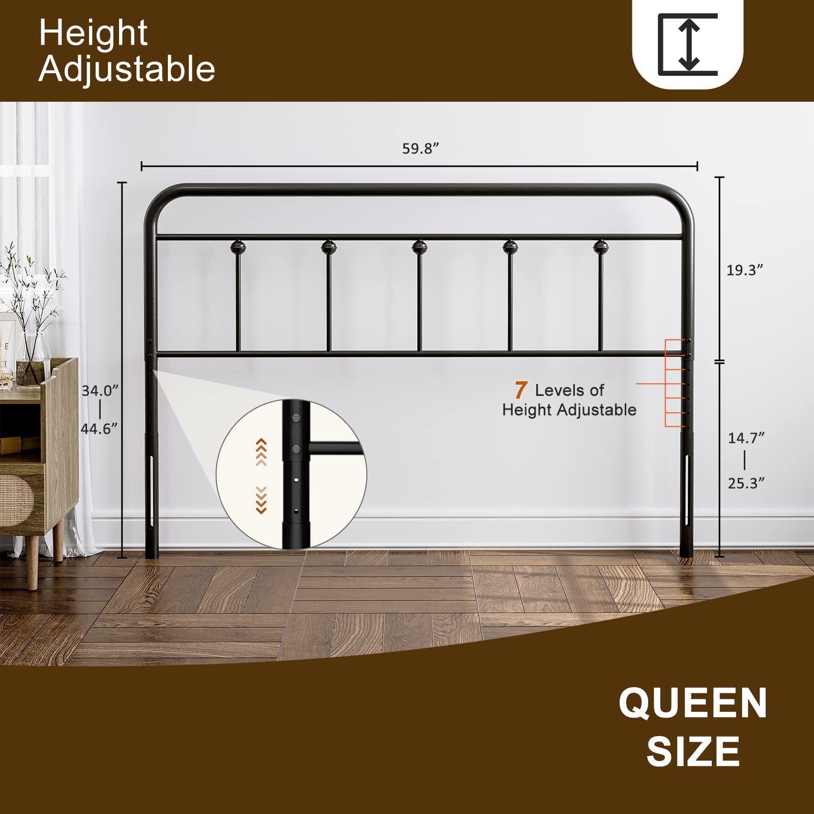 IKIFLY Metal Queen Size Headboard, Adjustable Height, Farmhouse Victorian Style, Easy Assembly, Steel Headboard Only for Bedroom, Black