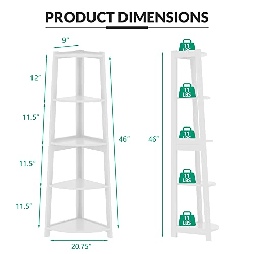 VIVIJASON 5 Tier Corner Shelf – Modern Wall Corner Storage Rack Plant Stand Small Bookshelf - Freestanding Ladder Shelf Display Organizer for Living Room, Kitchen, Home Office, Small Space (White)