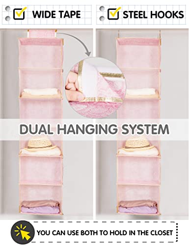 DAMAHOME Hanging Closet Organizer Storage - 6-Tier Collapsible Hanging Shelves with Sturdy Hooks, 4 Side Pockets, Foldable Sweater Organizer, For Closet/Kids/RV/ Camper/Dorm 12"W X 12"D X 48"H (Pink)