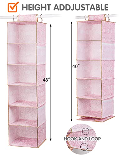 DAMAHOME Hanging Closet Organizer Storage - 6-Tier Collapsible Hanging Shelves with Sturdy Hooks, 4 Side Pockets, Foldable Sweater Organizer, For Closet/Kids/RV/ Camper/Dorm 12"W X 12"D X 48"H (Pink)