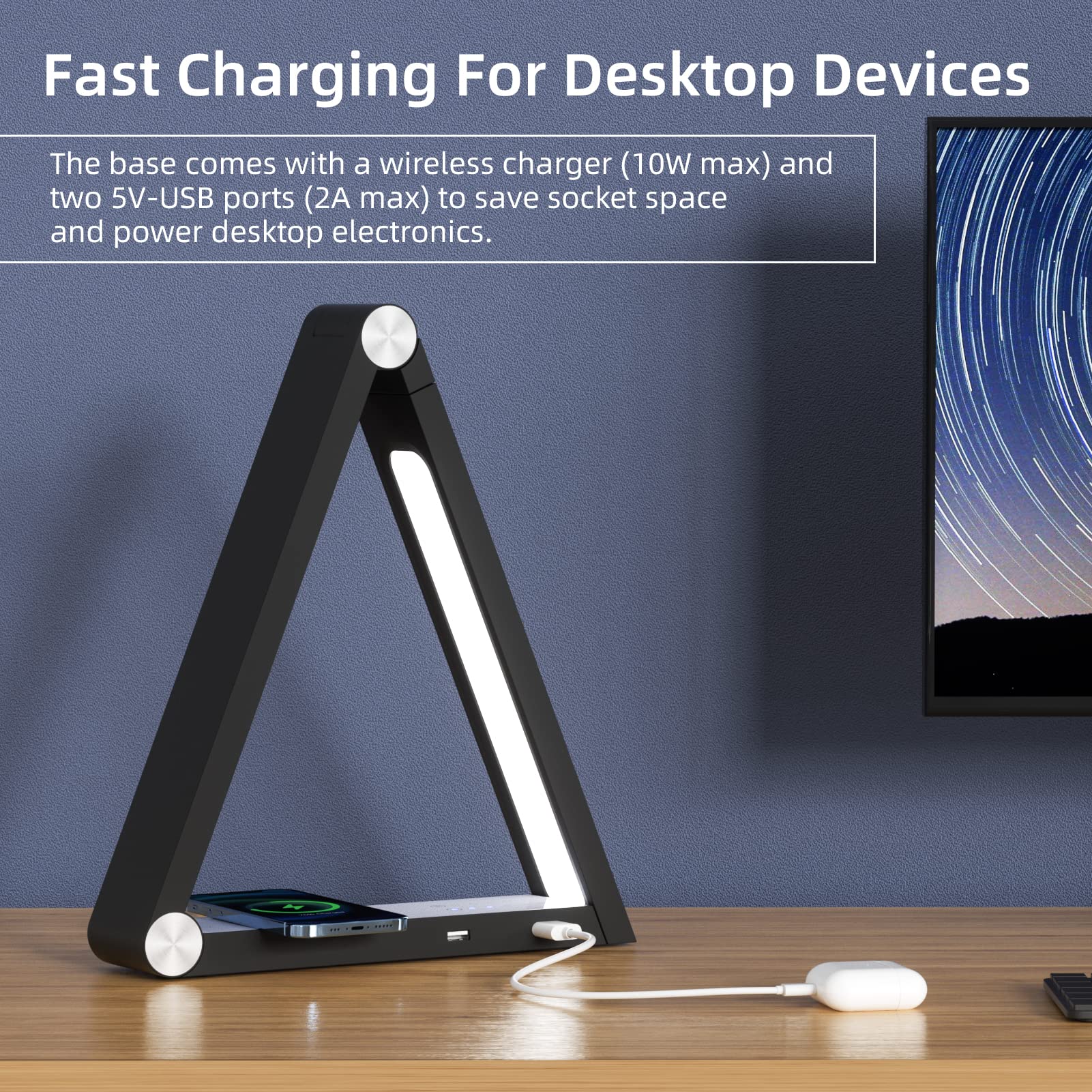 LED Desk Lamp Eye-Caring with Fast Wireless Charger, Table Lamp 96LED Lamp Beads 5 Modes Touch Control, CRI/RA≥95 Office Home Table Light Smart Adjustable, Foldable Night Light Type-C Port for Reading