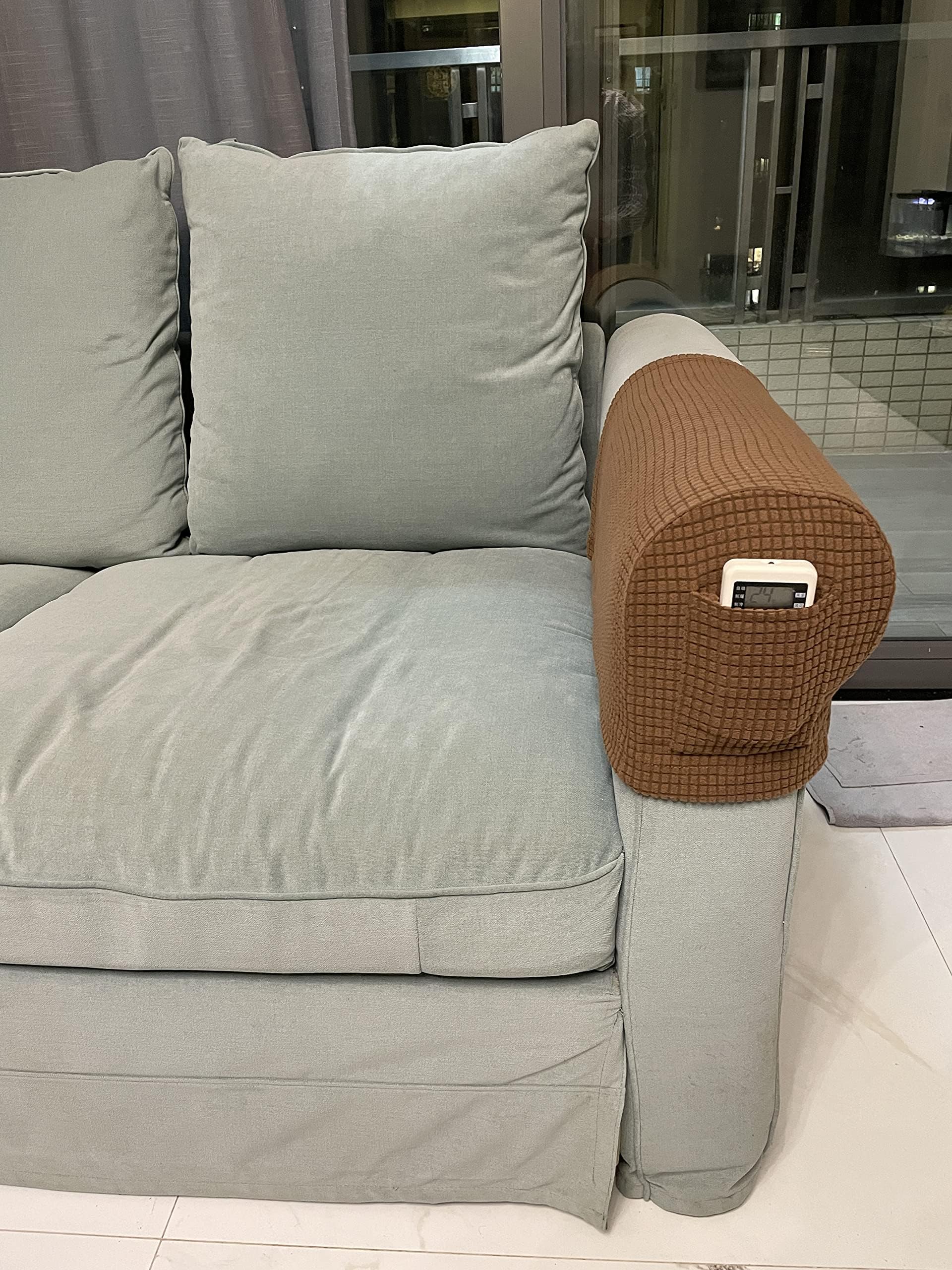 Garayma Sofa Armrest Covers Arm Slipcovers with a Pocket Elastic Sofa Armrest Protector Removable Couch Arm Covers for Sofa Anti-Slip Armrest Covers Christmas Furniture Deco Pack of 2 (Coffee)