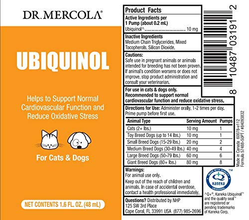 Dr. Mercola Ubiquinol Liquid Pump for Cats & Dogs, (1.45 Fl. Oz.), Non GMO, Gluten Free, Soy Free