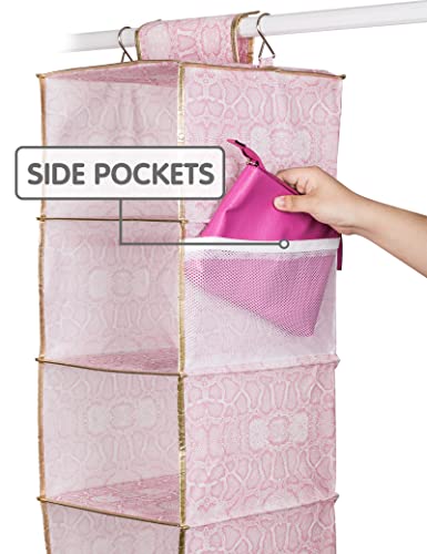 DAMAHOME Hanging Closet Organizer Storage - 6-Tier Collapsible Hanging Shelves with Sturdy Hooks, 4 Side Pockets, Foldable Sweater Organizer, For Closet/Kids/RV/ Camper/Dorm 12"W X 12"D X 48"H (Pink)