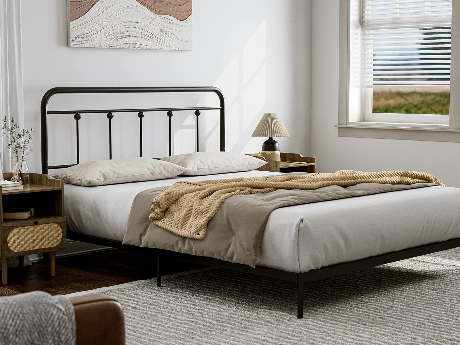 IKIFLY Metal Queen Size Headboard, Adjustable Height, Farmhouse Victorian Style, Easy Assembly, Steel Headboard Only for Bedroom, Black