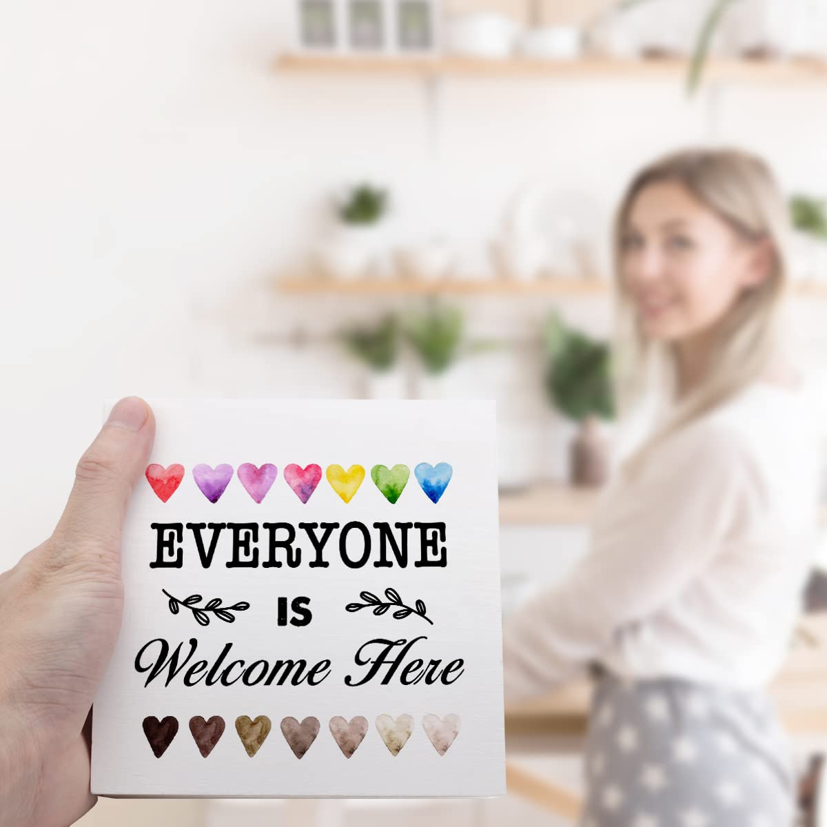 Everyone Is Welcome Here Wooden Box Sign Desk Decor,Classroom Welcome Sign,Back to School Welcome Sign,Welcome Sign for Classroom Shelf Decor