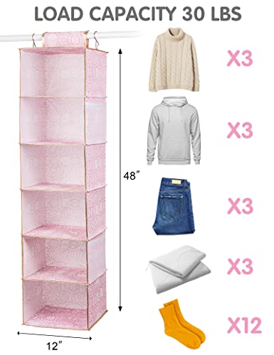DAMAHOME Hanging Closet Organizer Storage - 6-Tier Collapsible Hanging Shelves with Sturdy Hooks, 4 Side Pockets, Foldable Sweater Organizer, For Closet/Kids/RV/ Camper/Dorm 12"W X 12"D X 48"H (Pink)