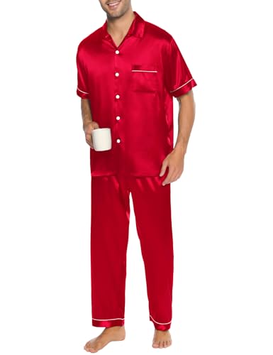 SWOMOG Mens Silky Satin Pajamas Set Short Sleeve Pjs Button Down Sleepwear Top & Long Pants Red XX-Large