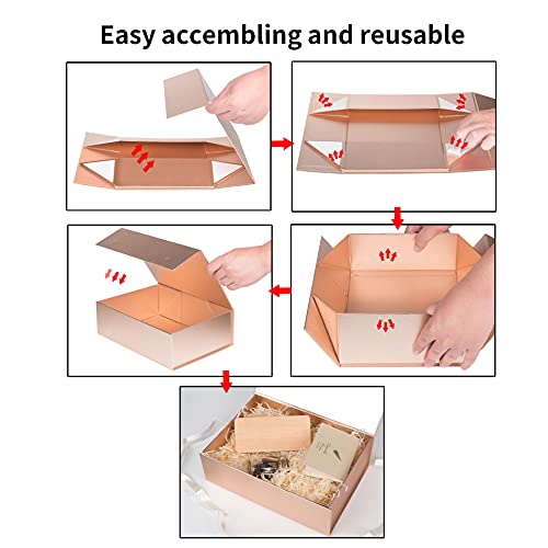 LIFELUM Gift Boxes 2 Pack 11 x 8 x 3.5 Rose Gold Gift Boxes with Magnetic Lid Wedding Gift Boxes for Presents Valentine's Contains Card, Ribbon, Shredded Paper Filler