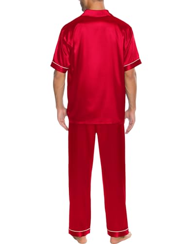 SWOMOG Mens Silky Satin Pajamas Set Short Sleeve Pjs Button Down Sleepwear Top & Long Pants Red XX-Large