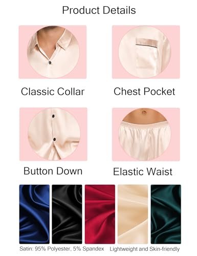 SWOMOG Mens Silky Satin Pajamas Set Short Sleeve Pjs Button Down Sleepwear Top & Long Pants Red XX-Large