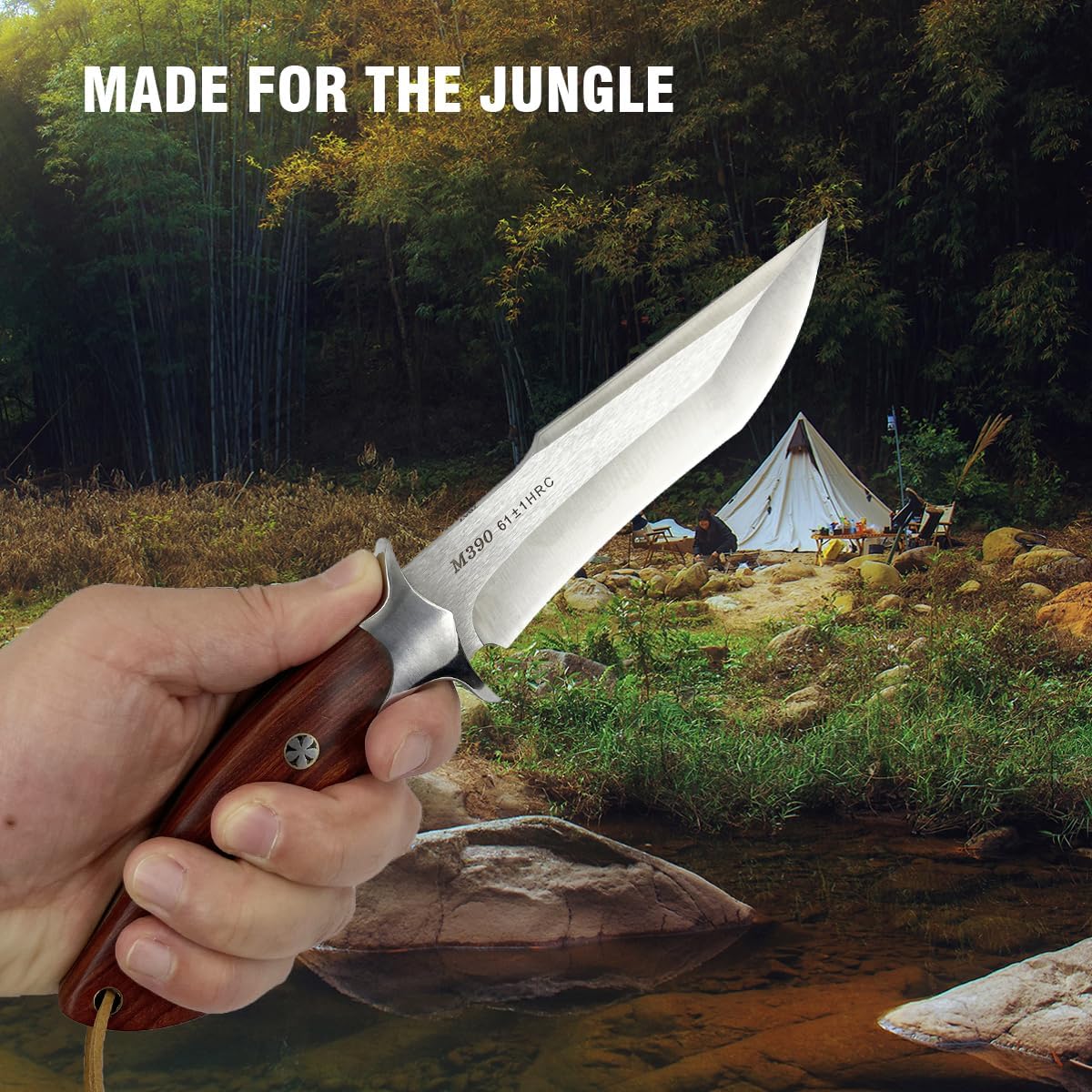 QIXENIO M390 Steel Handmade Hunting Knife, Fixed Blade Full-Tang with Leather Sheath, Red Wood Non-Slip Handle - Survival, Tactical, Camping knives