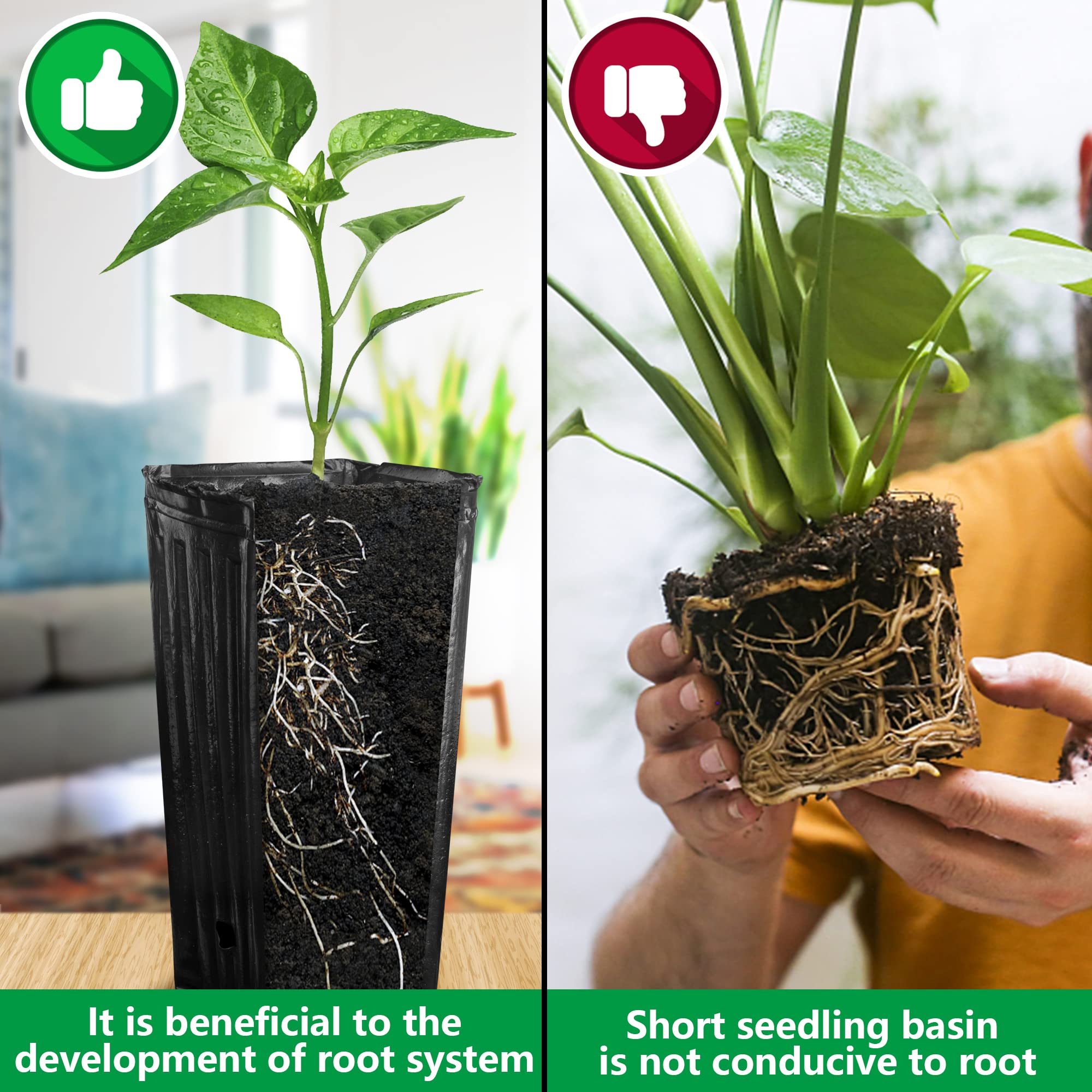 RunNico 50pcs Plastic Deep Plant Nursery Pots, 9.44”Tall Tree Pots,Black Deep Seedling Container Pots with Drainage Holes for Indoor Outdoor Gardening (3.93" Wx9.44 H)