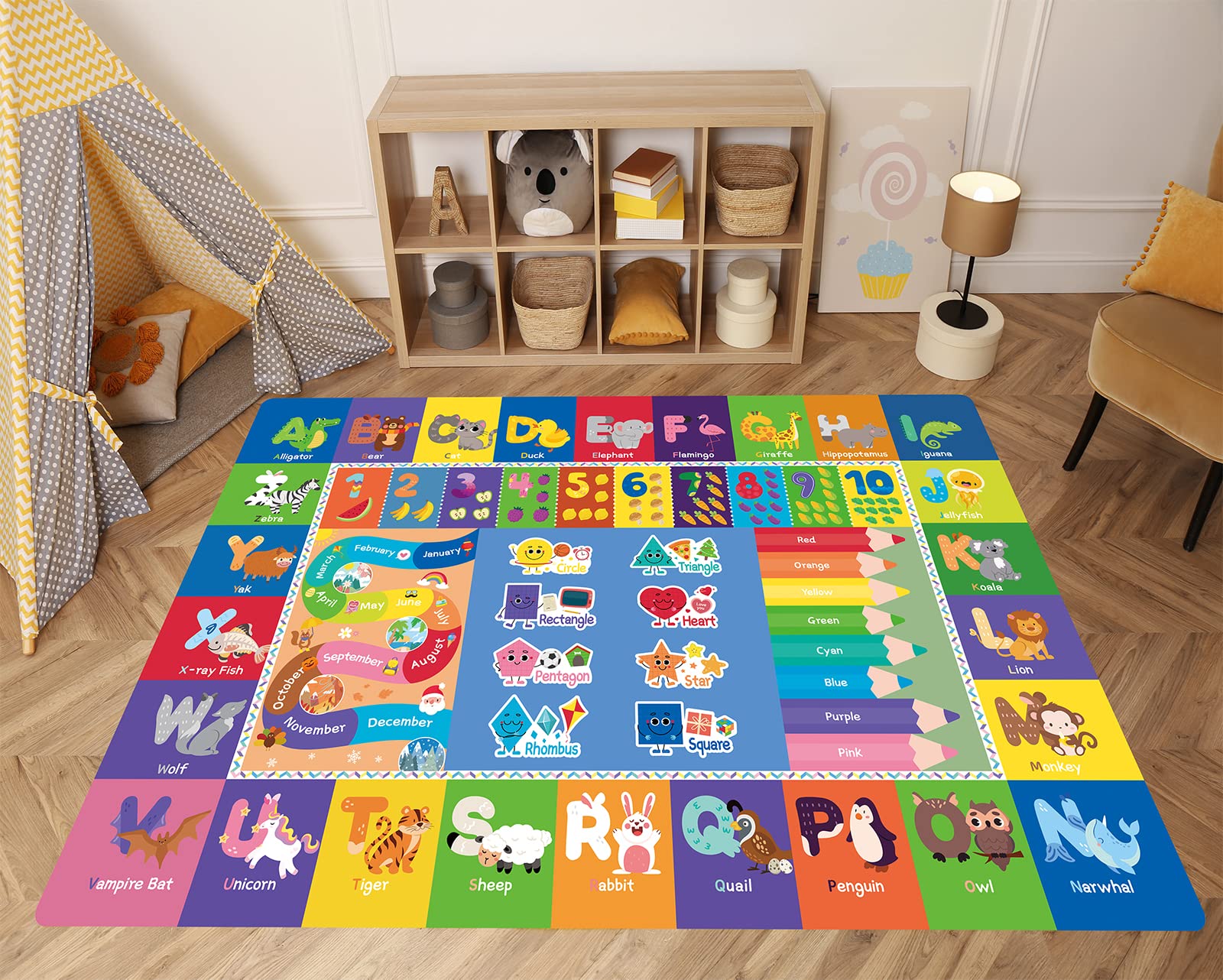 Mhconneaty Kids Play Mat Kids Rug for Playroom, 78.7x59 Inches Floor Mat for Baby Play Mat Playtime Collection ABC, Numbers, Animals, Month, Season Educational Area Rug for Kids Room Classroom