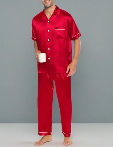 SWOMOG Mens Silky Satin Pajamas Set Short Sleeve Pjs Button Down Sleepwear Top & Long Pants Red XX-Large