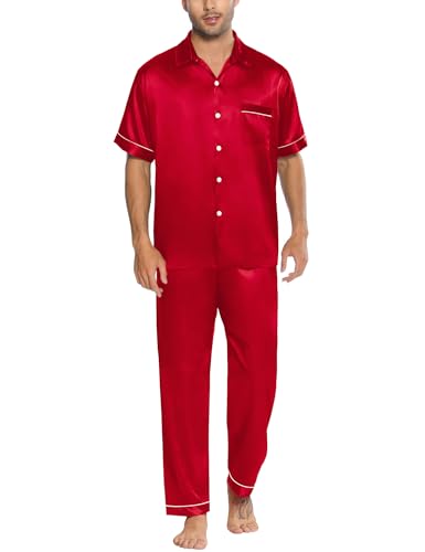 SWOMOG Mens Silky Satin Pajamas Set Short Sleeve Pjs Button Down Sleepwear Top & Long Pants Red XX-Large