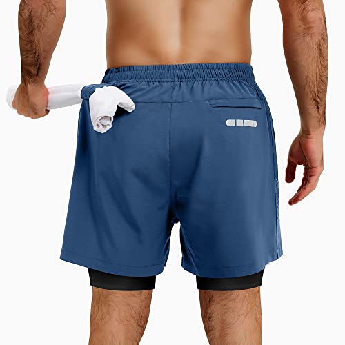 FIONECA 2 in 1 Running 5 Inch Inseam Shorts Men Breathable Mesh, Quick Dry Mens Athletic Shorts for Men Gym Sports Training(Navy Blue,S)