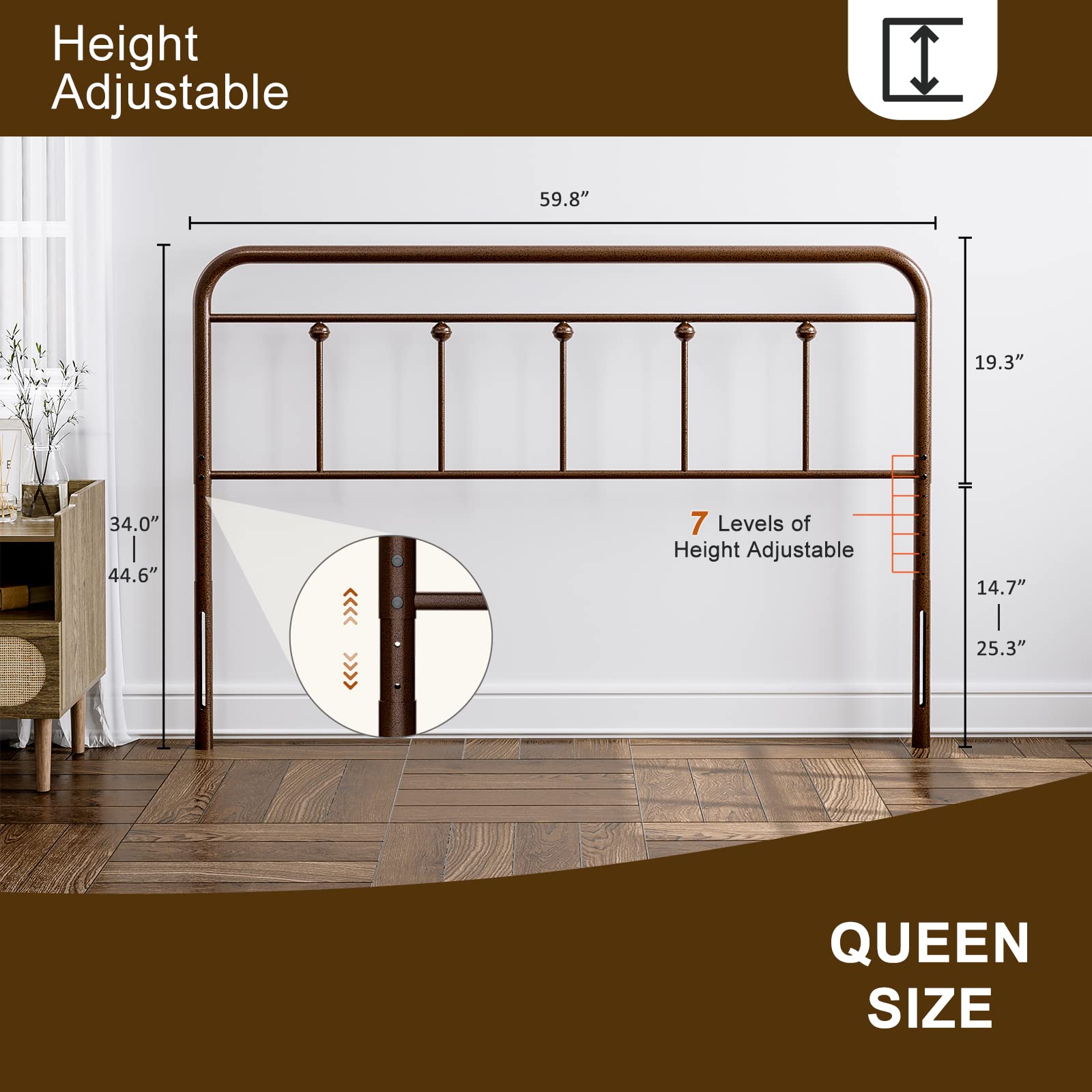 IKIFLY Metal Queen Size Headboard, Adjustable Height, Farmhouse Victorian Style, Easy Assembly, Steel Headboard Only for Bedroom, Brown/Queen