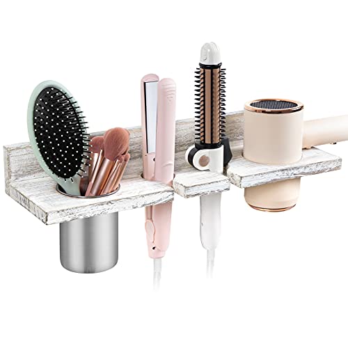 TUKUOS Hair Tool Organizer with Iron Cup, Wall Mounted Blow Dryer Holder, Vintage Bathroom Hair Dryer Holder for Curling Iron,Flat Iron, Blower, Brushes - 4 Compartments for Styling Tools Accessories