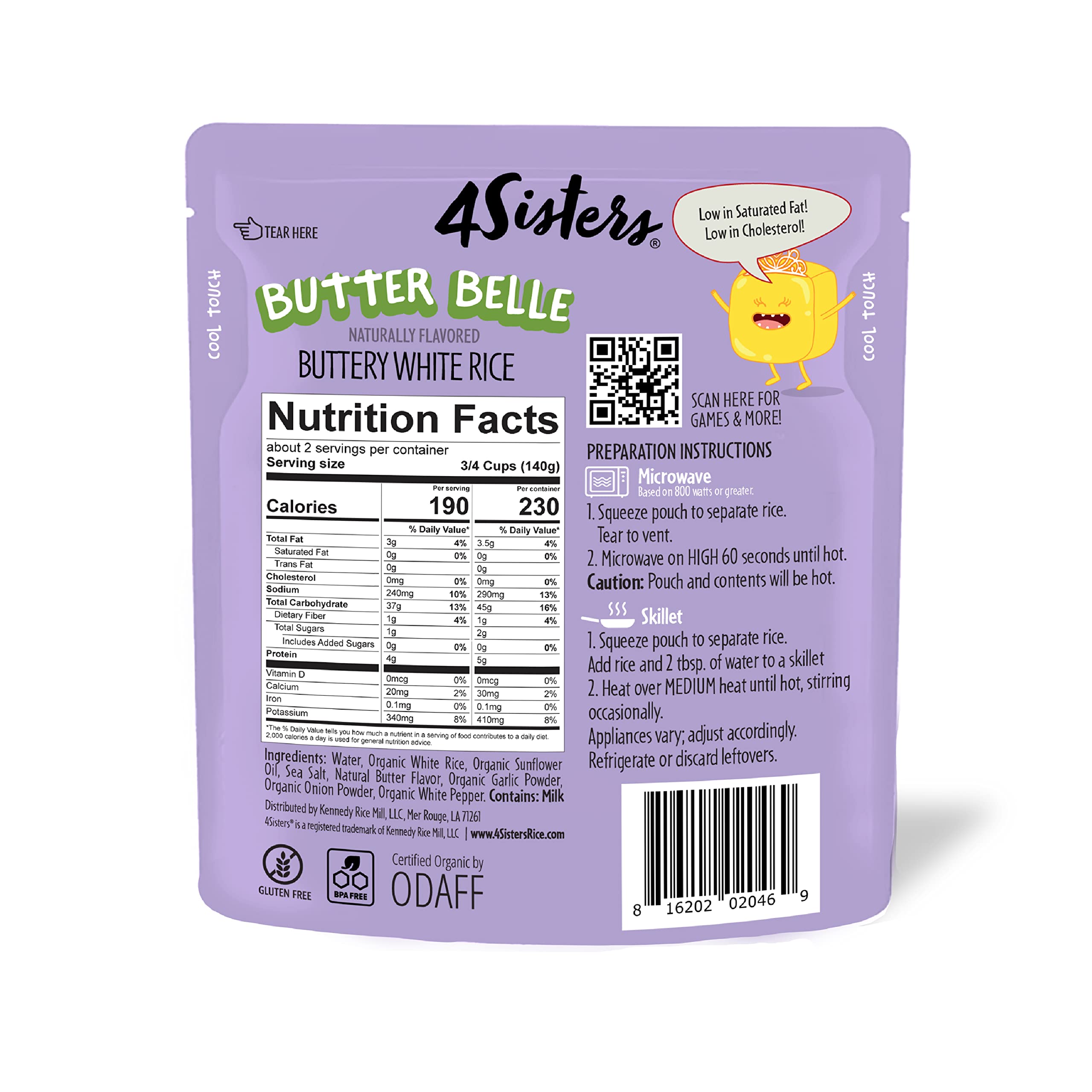 4Sisters - USDA Organic Ready to Eat Rice - Butter Belle - Kid Friendly Pouch - Sustainably Grown - Women Owned - 6 oz.