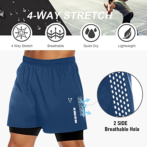 FIONECA 2 in 1 Running 5 Inch Inseam Shorts Men Breathable Mesh, Quick Dry Mens Athletic Shorts for Men Gym Sports Training(Navy Blue,S)