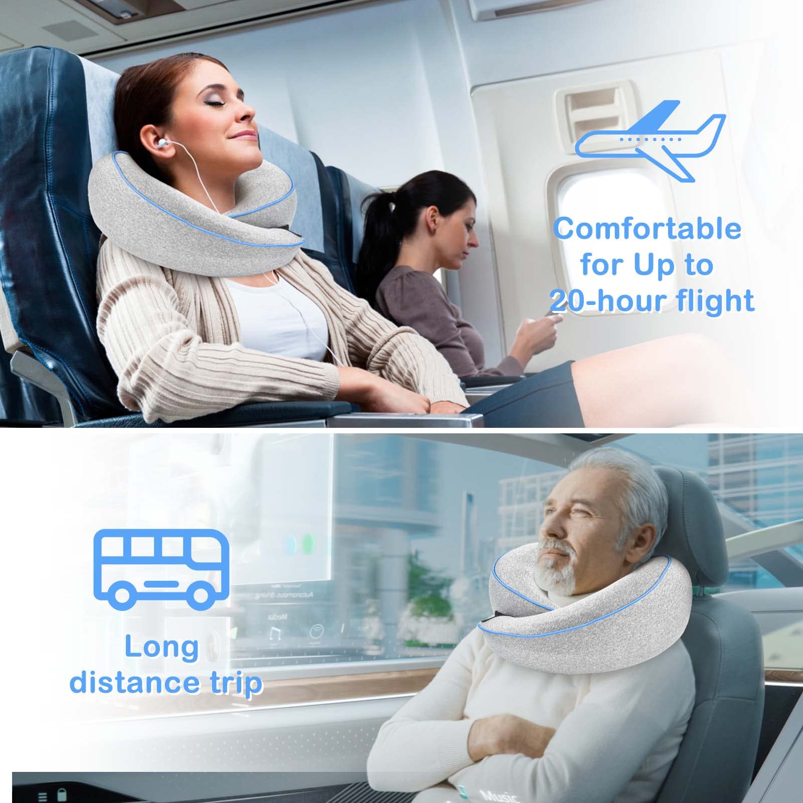 Cozary Travel Neck Pillow Portable Soft Memory Foam Neck Support Travel Pillow U Shape Supportive Adjustable Neck Pillows with Skin Friendly Breathable Cover for Travel Office Car Bus Plane Grey