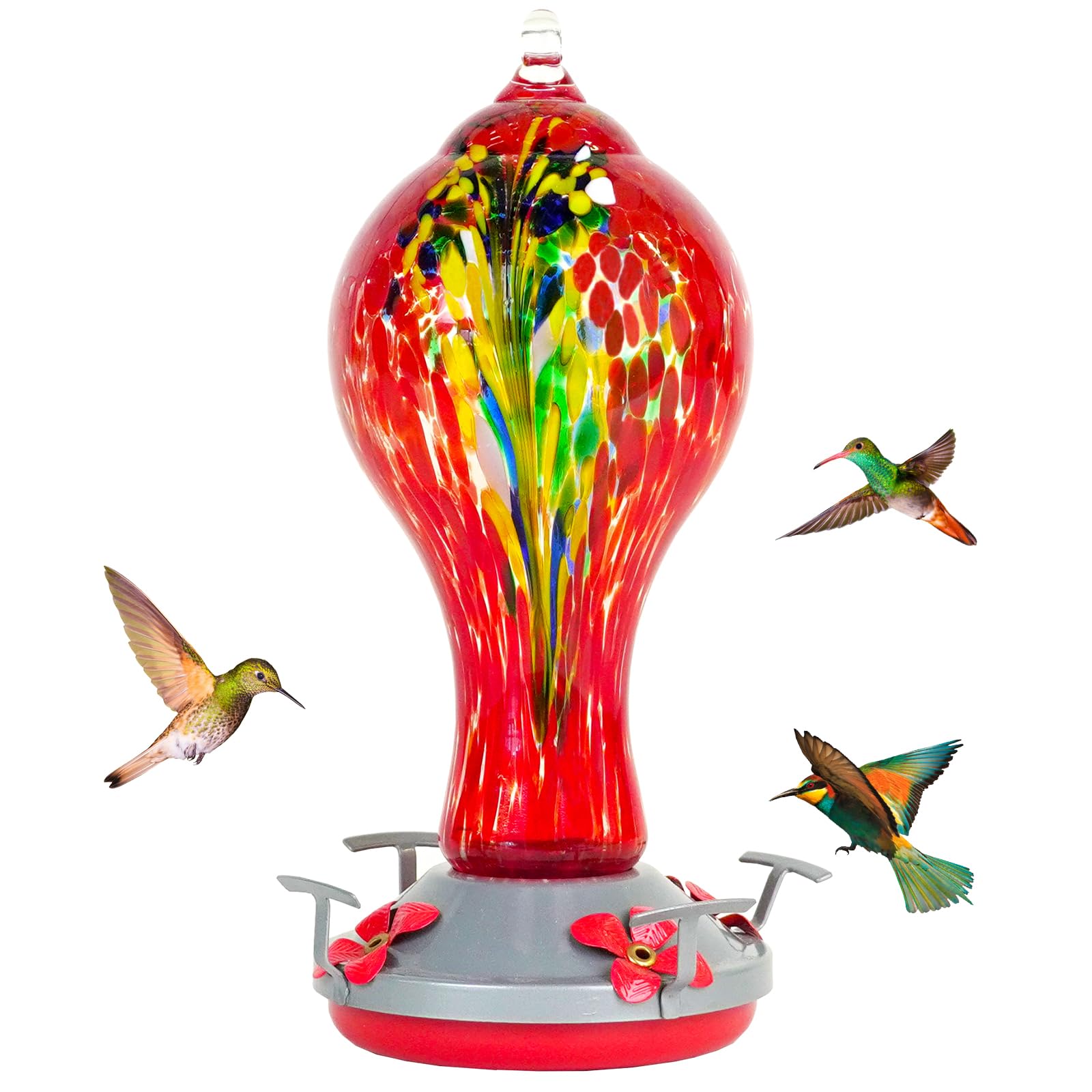Digipettor Hummingbird Feeders for Outdoors, Hanging Glass Hummingbird Feeder Anti-Ant and Bee Metal Base with 4 Feeding Leak Proof Garden Decor, 25 Oz for Easy Cleaning and Presents-Blue