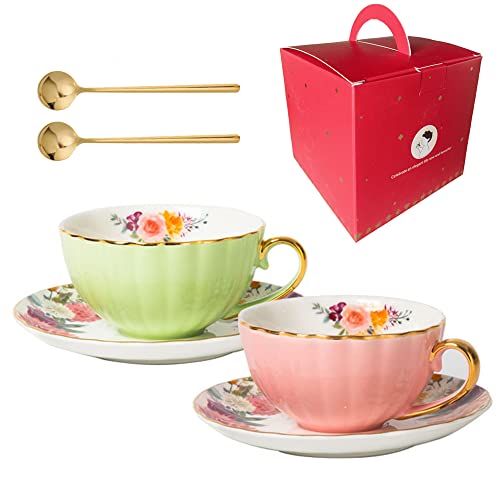 ONEUSTAR Tea Cup and Saucer Set for 2 Porcelain Enghlish Tea Cup Floral Teacups Coffee Cup Set for Mother's Day Thanksgiving in Gift Box 8 Oz