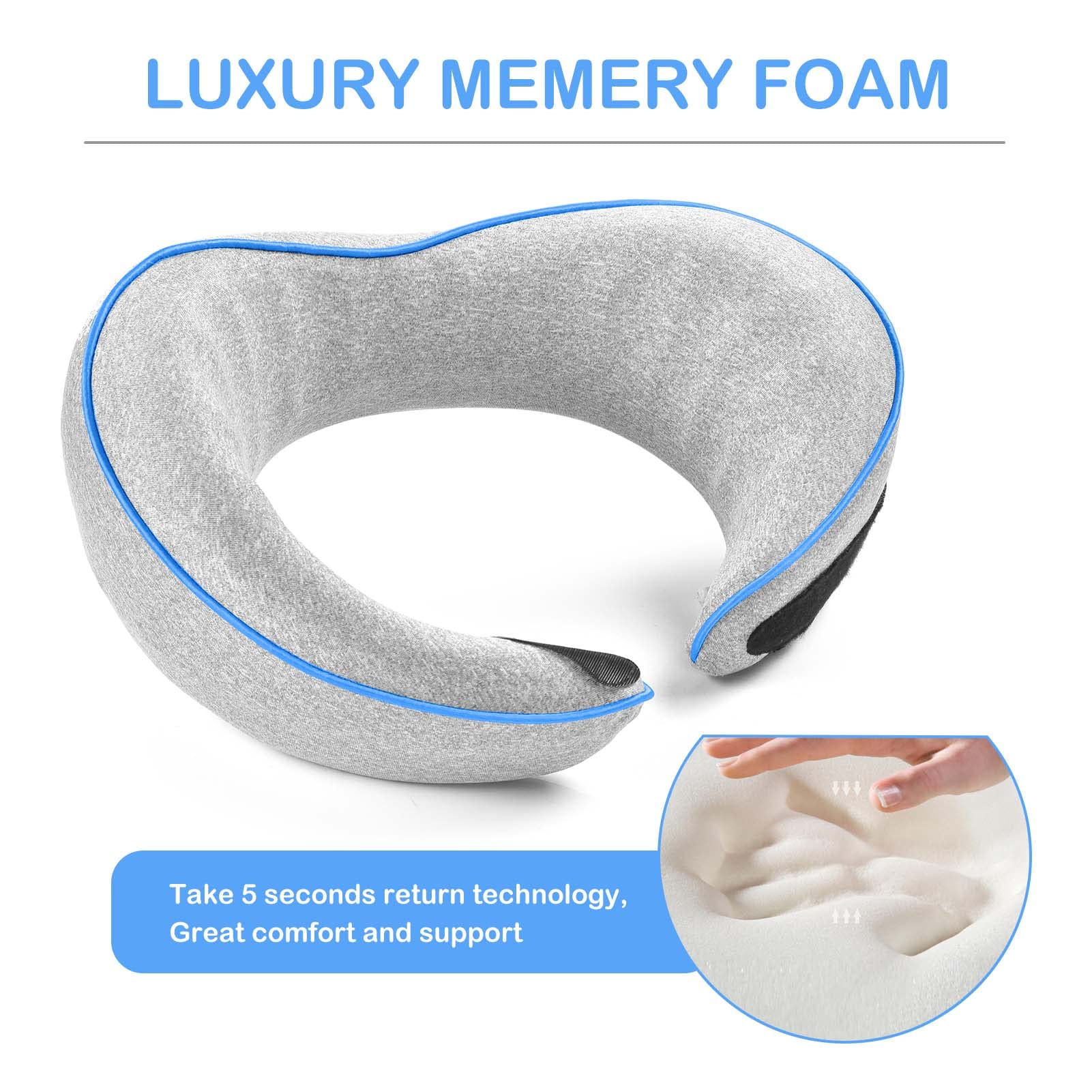 Cozary Travel Neck Pillow Portable Soft Memory Foam Neck Support Travel Pillow U Shape Supportive Adjustable Neck Pillows with Skin Friendly Breathable Cover for Travel Office Car Bus Plane Grey