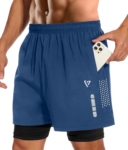 FIONECA 2 in 1 Running 5 Inch Inseam Shorts Men Breathable Mesh, Quick Dry Mens Athletic Shorts for Men Gym Sports Training(Navy Blue,S)