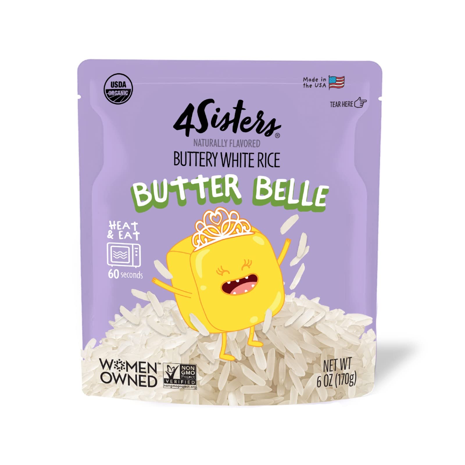 4Sisters - USDA Organic Ready to Eat Rice - Butter Belle - Kid Friendly Pouch - Sustainably Grown - Women Owned - 6 oz.