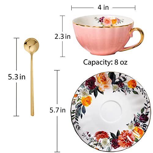 ONEUSTAR Tea Cup and Saucer Set for 2 Porcelain Enghlish Tea Cup Floral Teacups Coffee Cup Set for Mother's Day Thanksgiving in Gift Box 8 Oz
