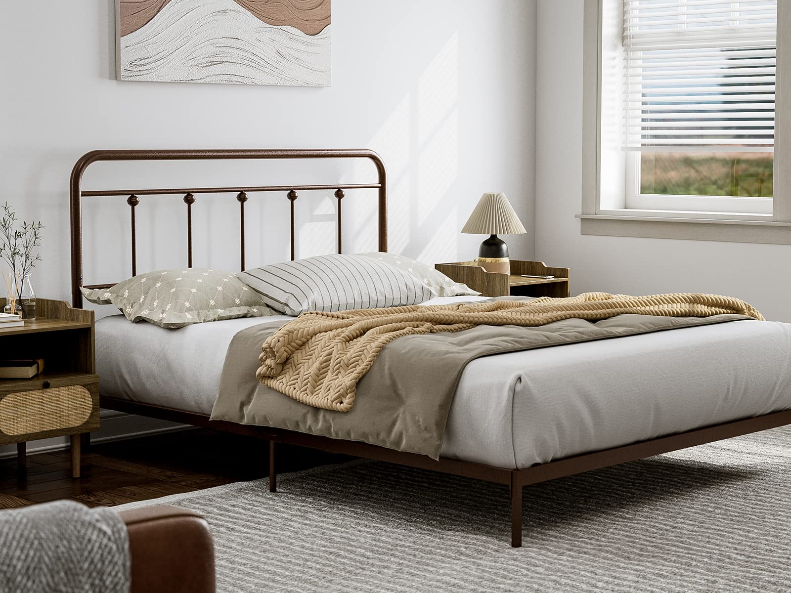 IKIFLY Metal Queen Size Headboard, Adjustable Height, Farmhouse Victorian Style, Easy Assembly, Steel Headboard Only for Bedroom, Brown/Queen
