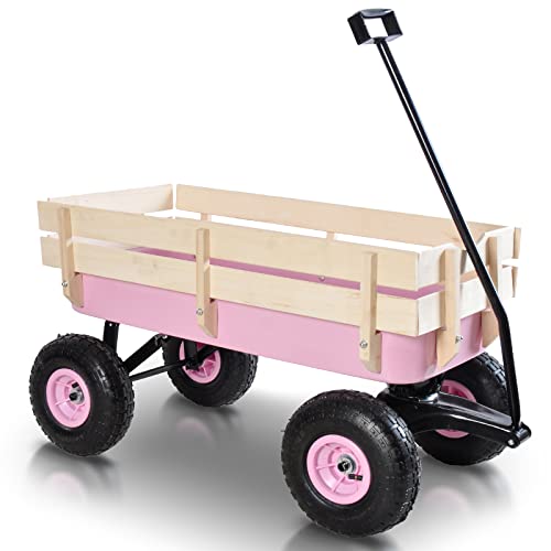 All Terrain Wagons for Kids Wagon with Removable Wooden Side Panels Garden Wagon Cart Heavy Duty with Steel Wagon Bed Folding Wagons for Kids/Pets Ideal Gift for Kids for Halloween Christmas, Pink